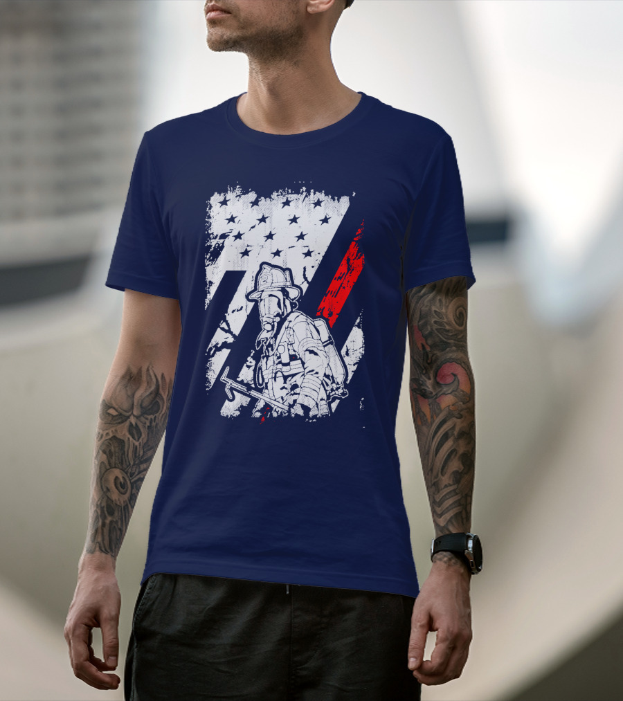 The Firefighters American Flag Tribute Heroic Firefighter With Axe And Stars And Stripes T-Shirt