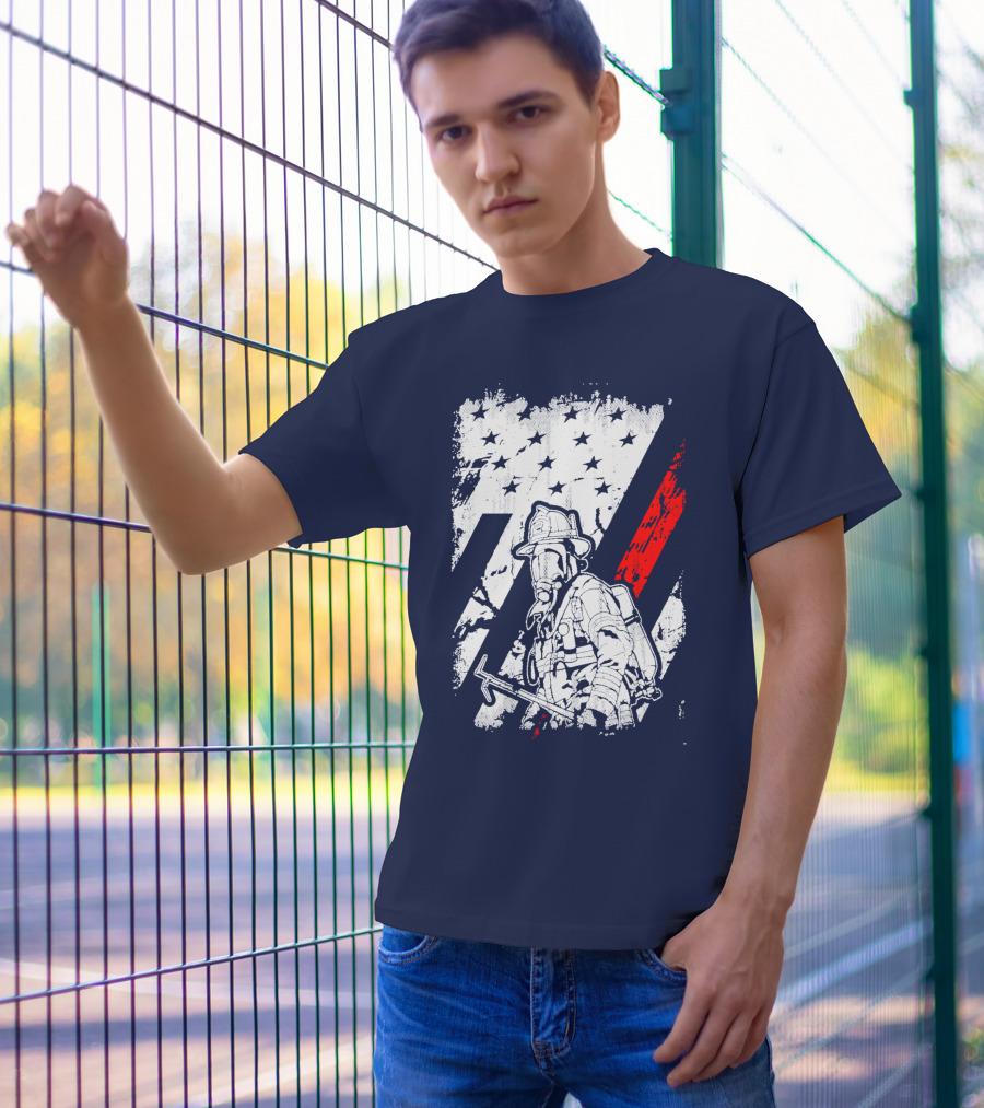 The Firefighters American Flag Tribute Heroic Firefighter With Axe And Stars And Stripes T-Shirt
