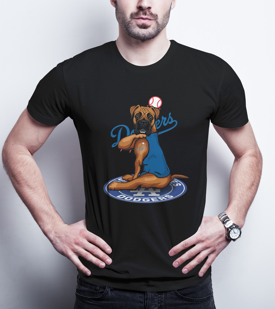 Los Angeles Dodgers Boxer Dog With Baseball And Logo Elements T-Shirt