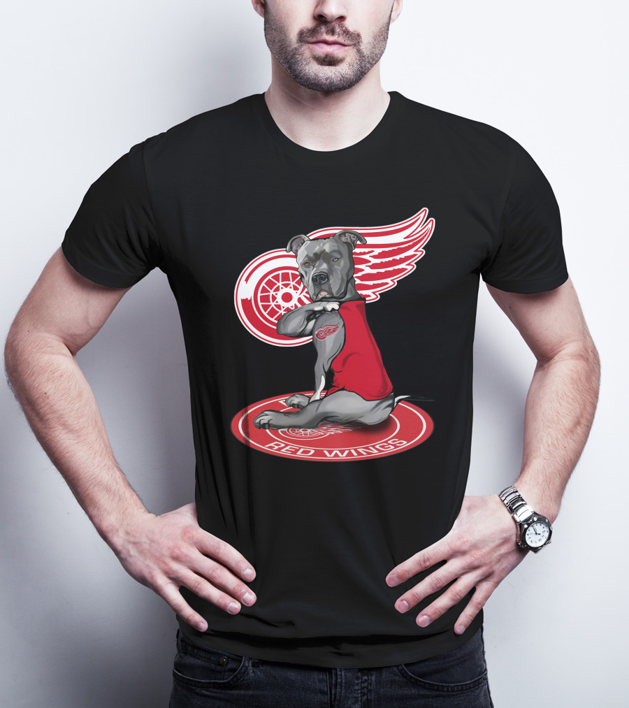 Detroit Red Wings Dog With Logo Wings And Red Vest T-Shirt