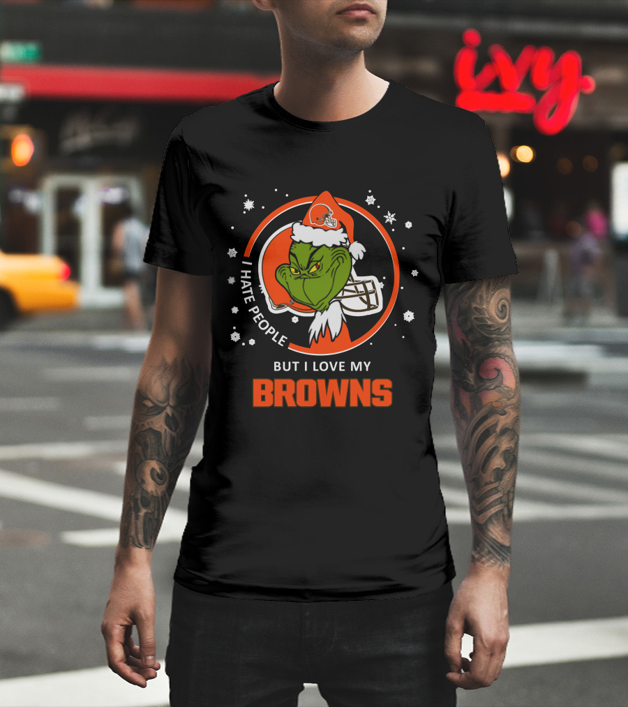 I Hate People But I Love My Browns Cleveland Browns Grinch Santa Hat Snowflakes T-Shirt