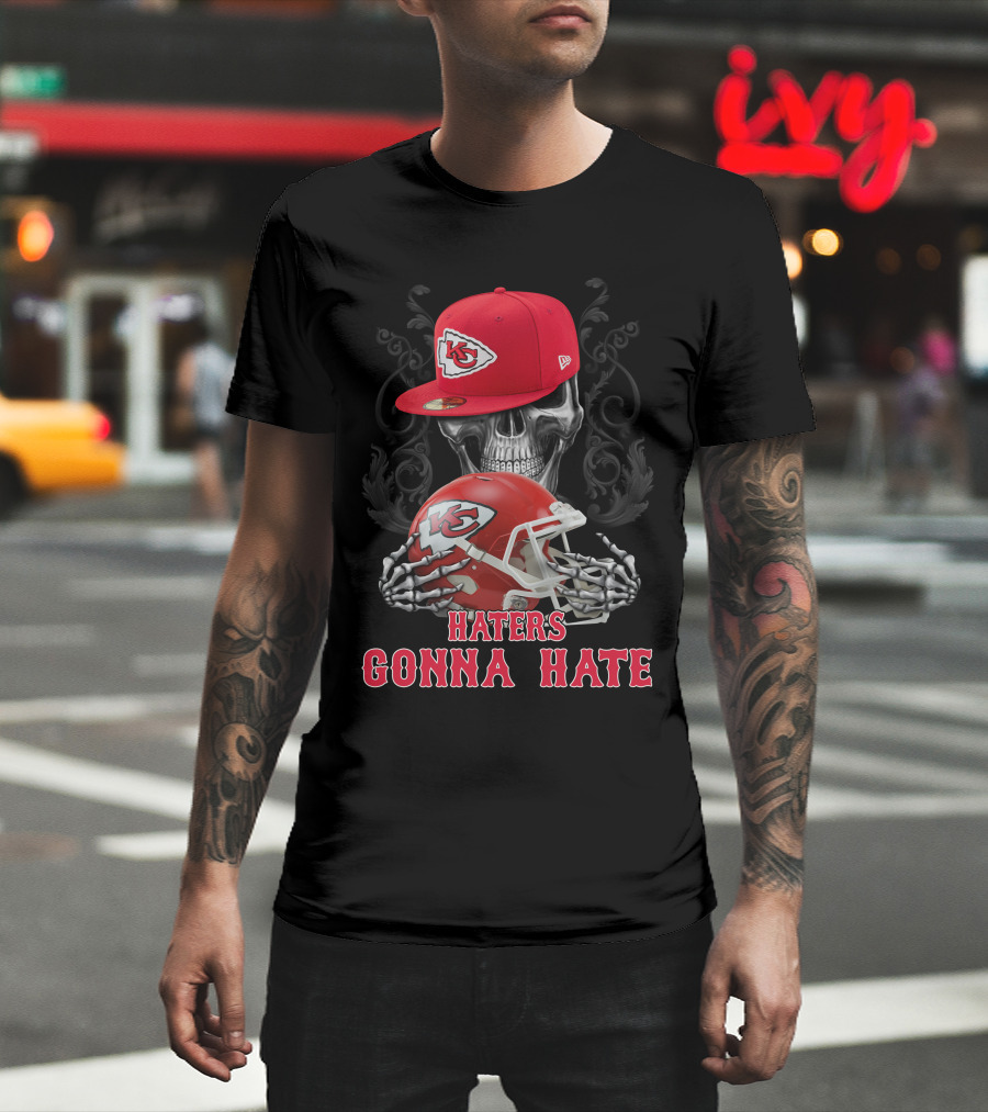 Kansas City Chiefs Haters Gonna Hate Skull With Cap And Helmet T-Shirt