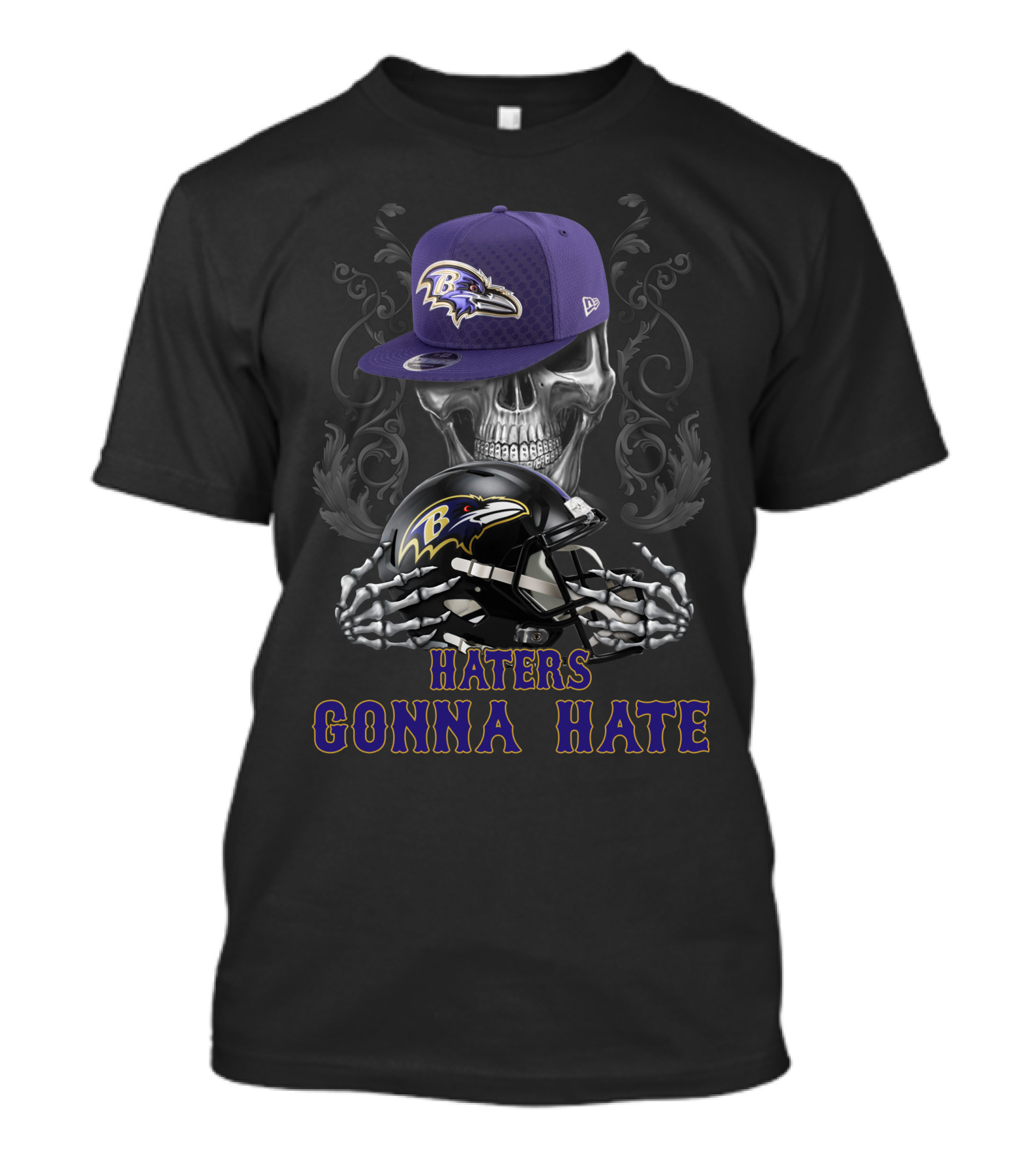 Baltimore Ravens Haters Gonna Hate Skull With Helmet And Cap T-Shirt