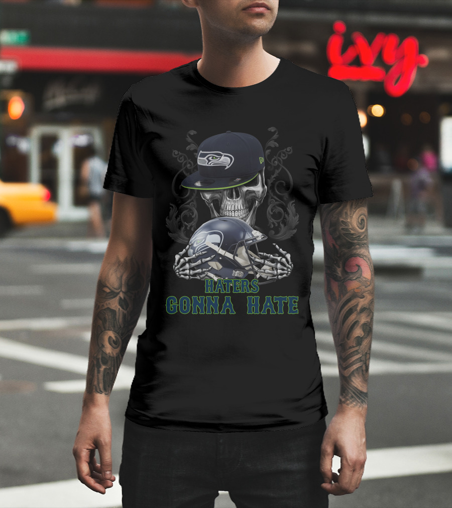 Haters Gonna Hate Seattle Seahawks Skeleton Helmet And Cap T-Shirt
