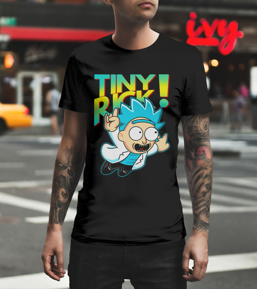 Tiny Rick Flying Character With Blue Hair And White Lab Coat T-Shirt