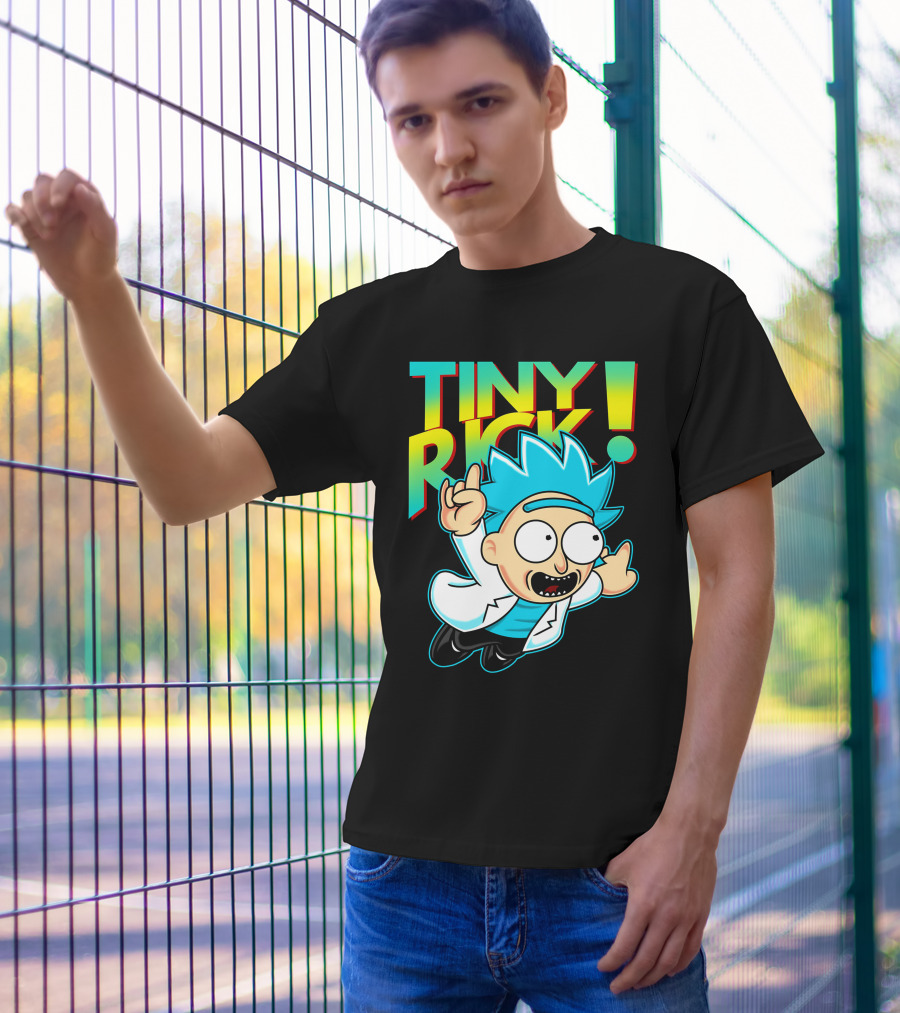 Tiny Rick Flying Character With Blue Hair And White Lab Coat T-Shirt
