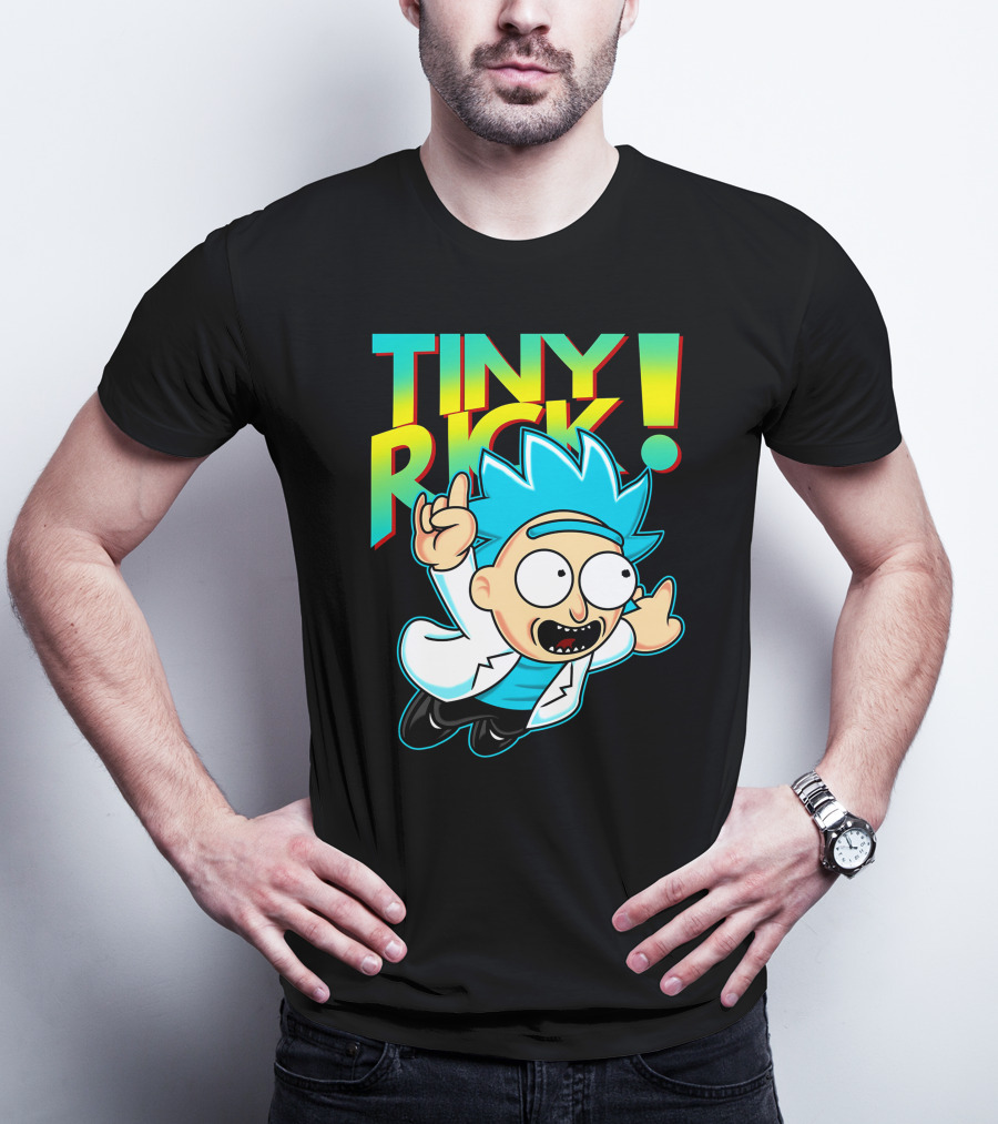 Tiny Rick Flying Character With Blue Hair And White Lab Coat T-Shirt