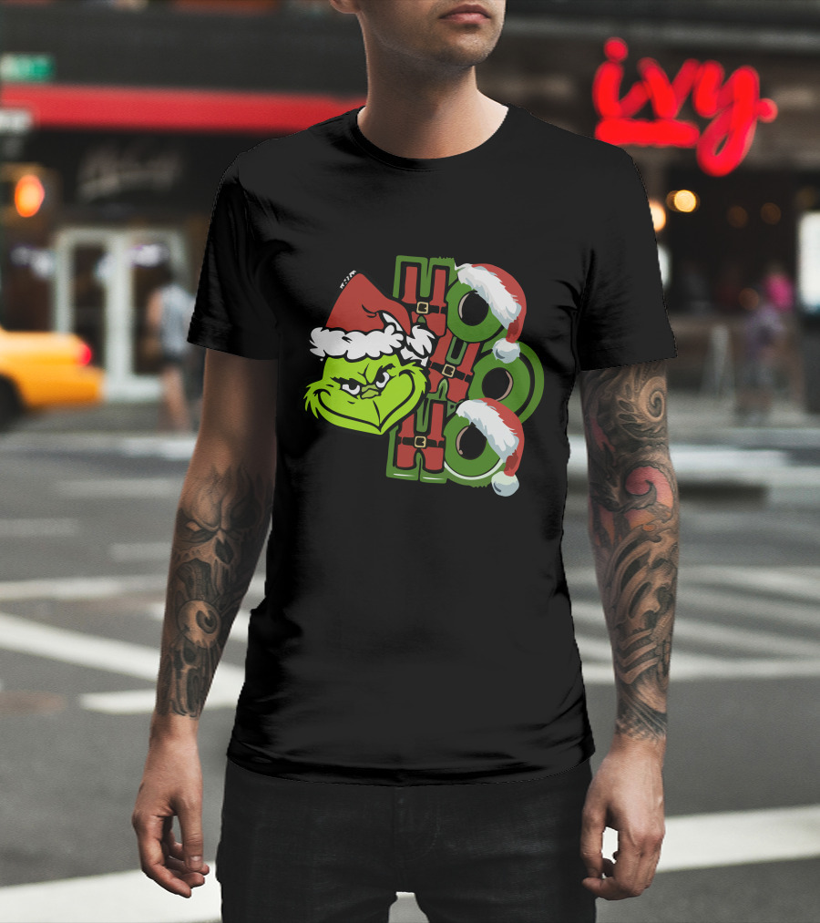 Ho Ho Ho Grinchmas With Santa Hats And Grinch Face T-Shirt