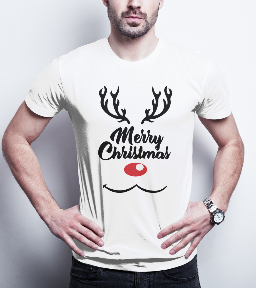 Merry Christmas Reindeer Antlers With Red Nose T-Shirt