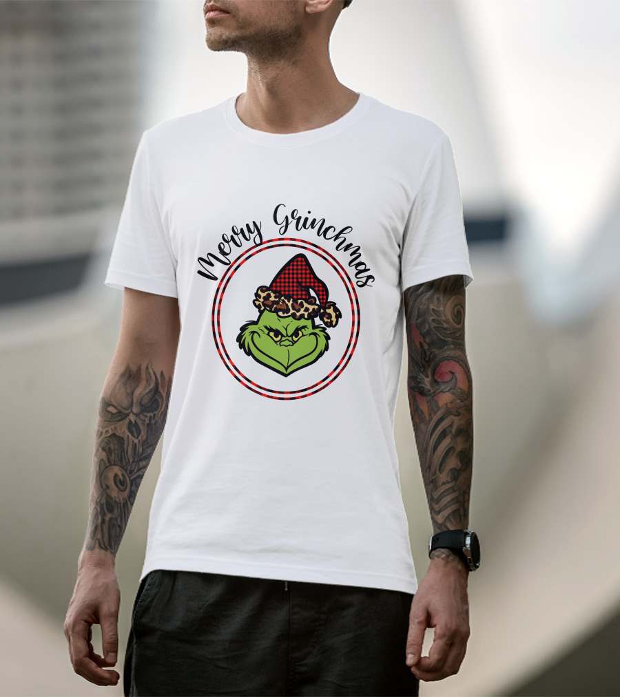 Merry Grinchmas Plaid Santa Hat Grinch Face T-Shirt