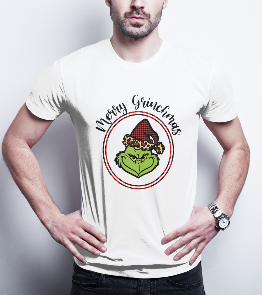 Merry Grinchmas Plaid Santa Hat Grinch Face T-Shirt