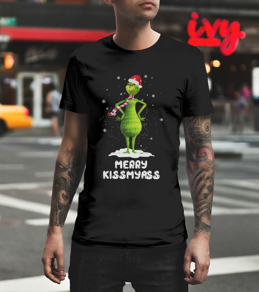 Merry KissMyAss Grinch Santa Hat Scarf Snowflakes T-Shirt