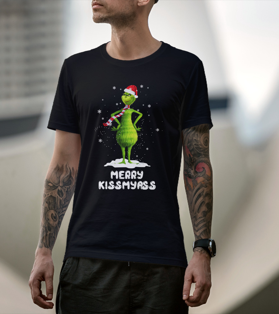 Merry KissMyAss Grinch Santa Hat Scarf Snowflakes T-Shirt