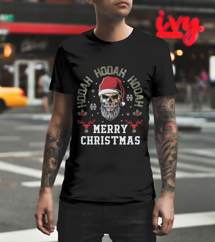 Hooah Hooah Hooah Merry Christmas Skull Santa Hat Reindeer T-Shirt
