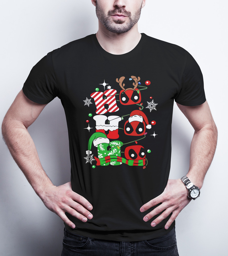 Deadpool Ho Ho Ho Christmas Reindeer Antlers Santa Hat Snowflakes T-Shirt