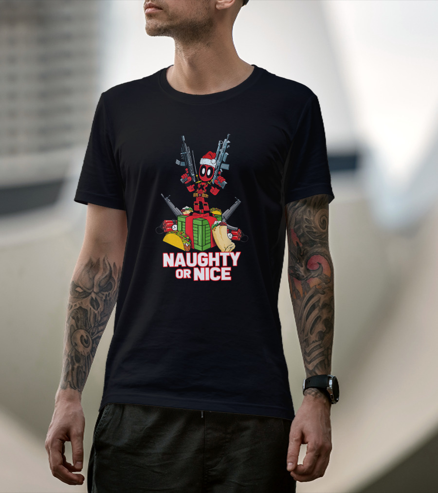 Naughty Or Nice Deadpool Christmas Guns Tacos Burritos T-Shirt