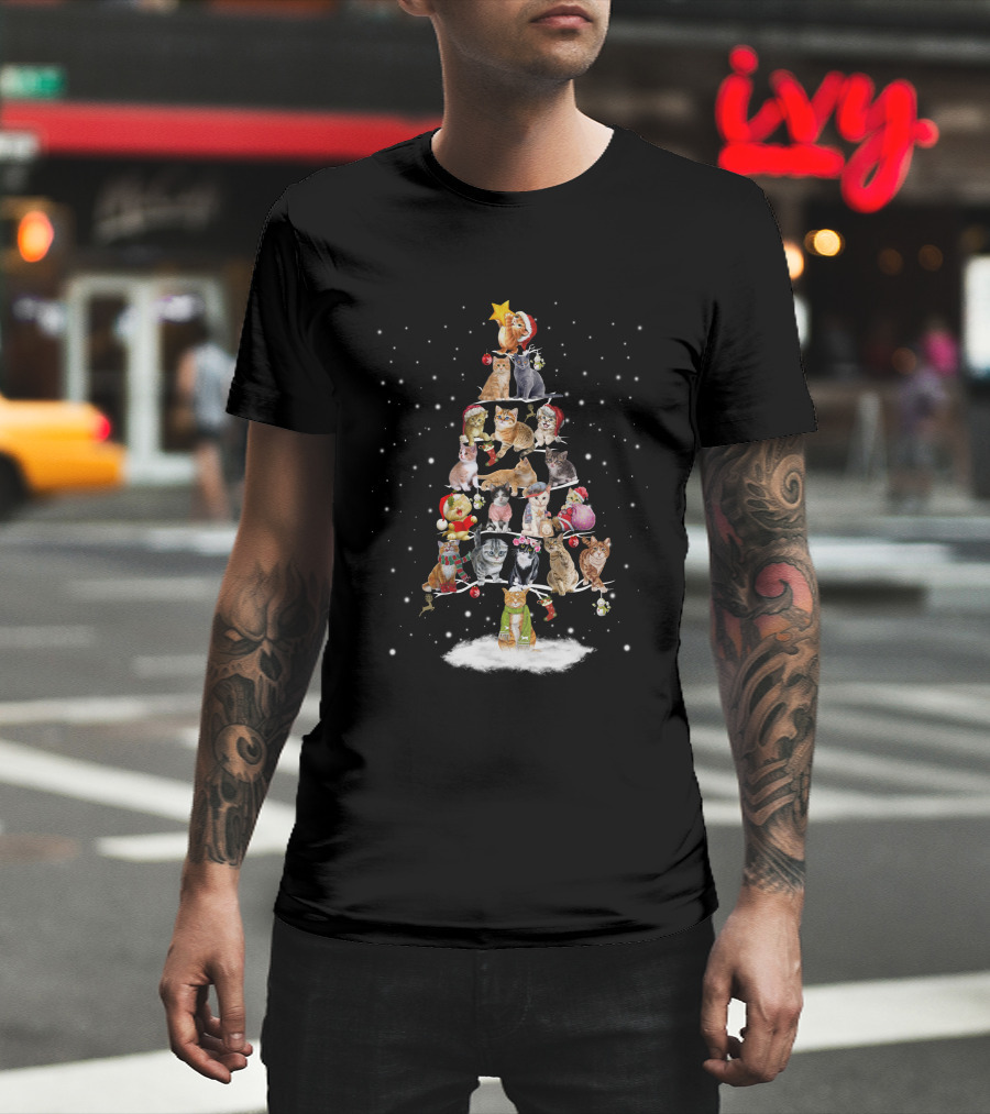 Cat Christmas Tree With Festive Cats And Holiday Ornaments T-Shirt