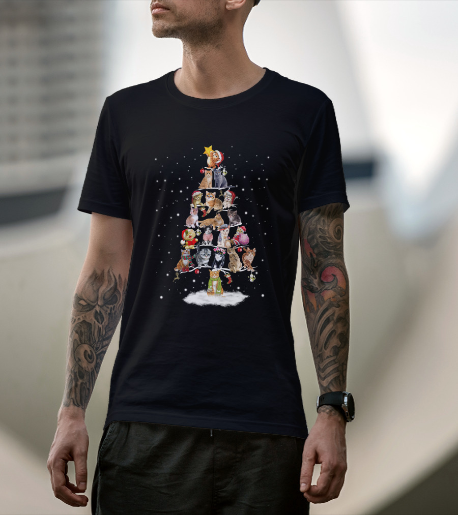 Cat Christmas Tree With Festive Cats And Holiday Ornaments T-Shirt