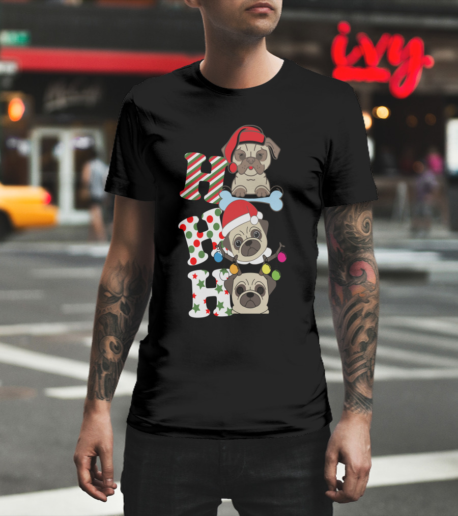 Ho Ho Ho Christmas Pug With Santa Hats And Holiday Lights T-Shirt