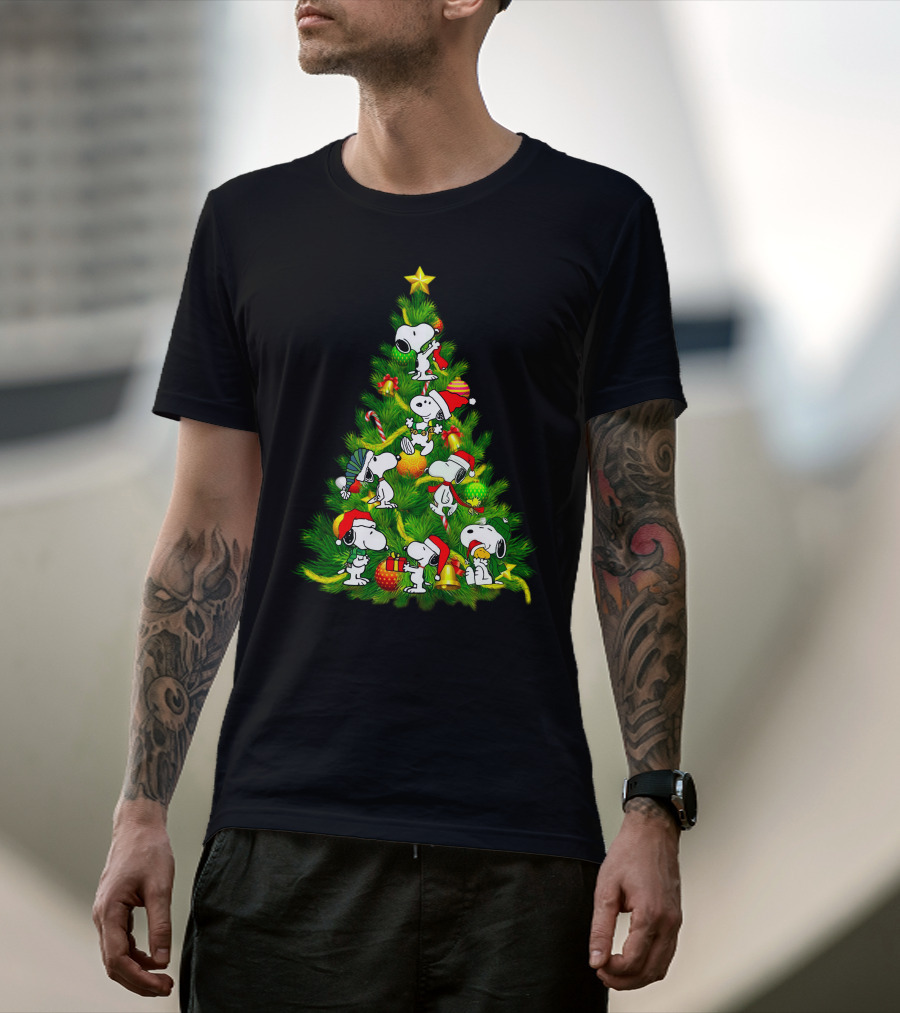 Snoopy Christmas Tree With Santa Hats And Gifts T-Shirt