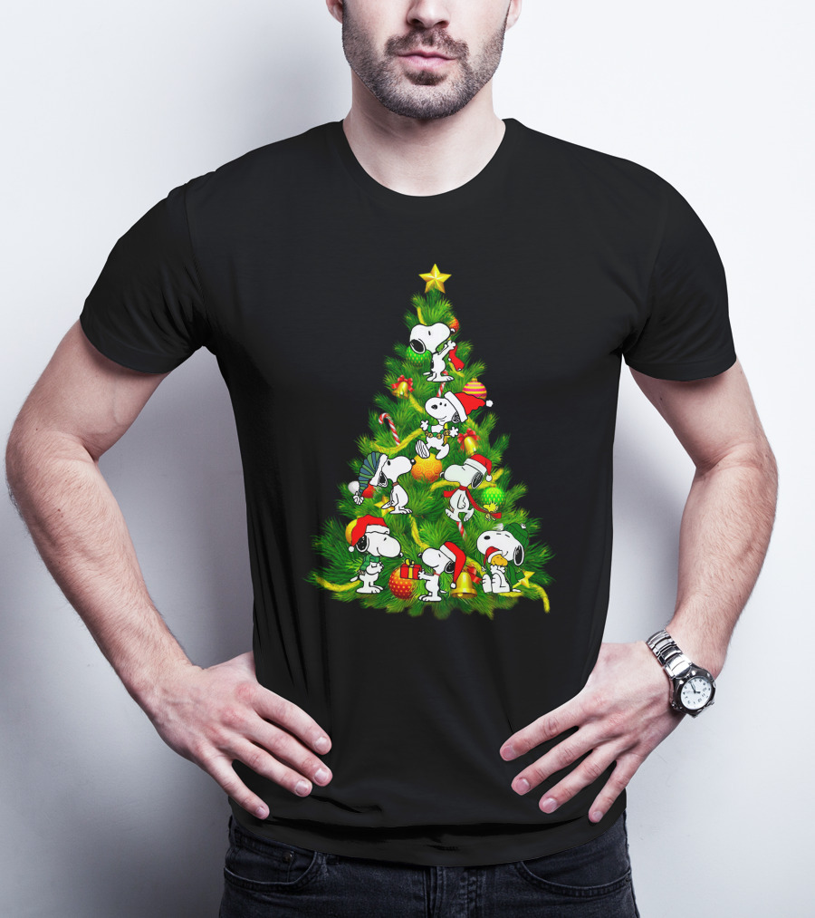 Snoopy Christmas Tree With Santa Hats And Gifts T-Shirt