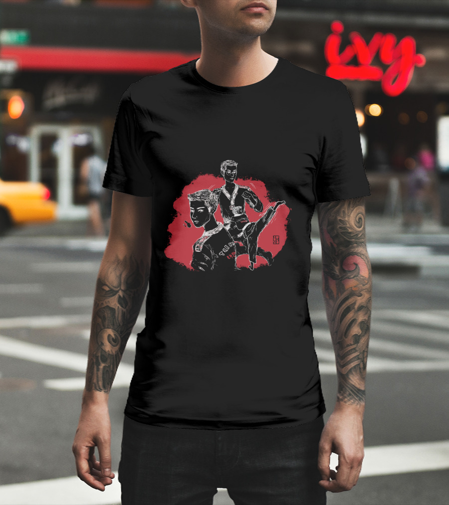 Taekwondo Boy Sparring Heroic Poses And Korean Emblems T-Shirt