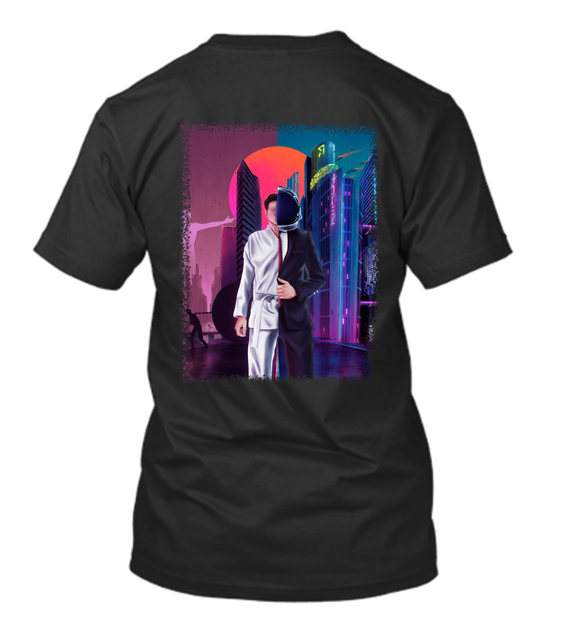 Half Taekwondo Spaceman Futuristic Cityscape Duality T-Shirt