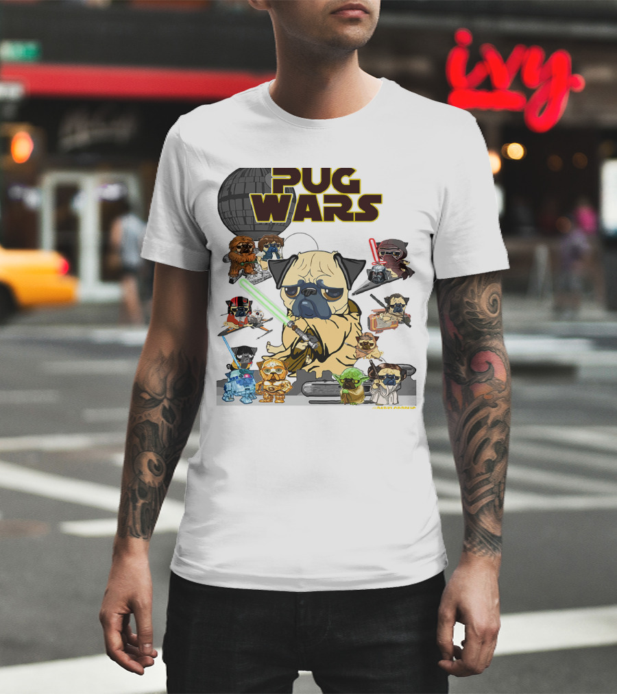 Pug Wars Star Parody With Iconic Characters And Spaceships T-Shirt