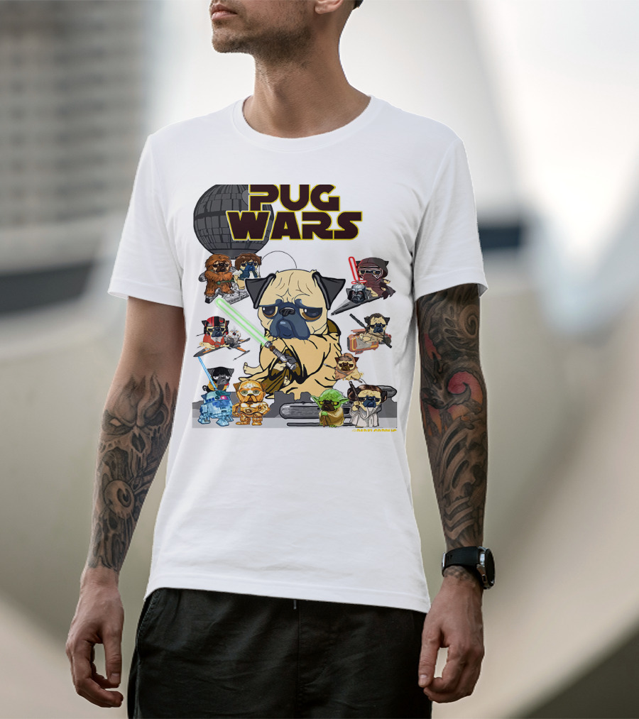 Pug Wars Star Parody With Iconic Characters And Spaceships T-Shirt