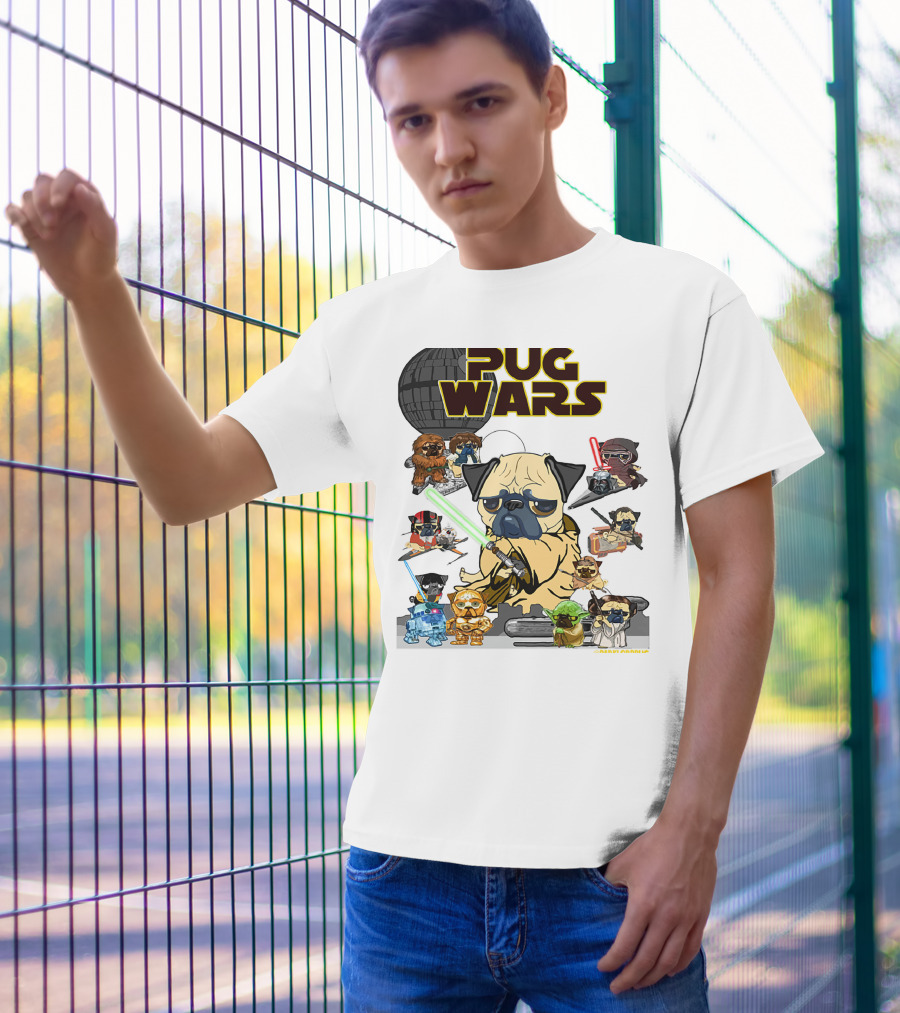 Pug Wars Star Parody With Iconic Characters And Spaceships T-Shirt