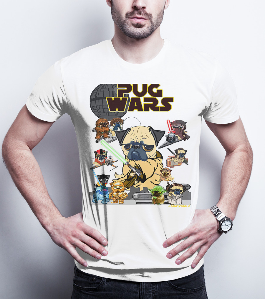 Pug Wars Star Parody With Iconic Characters And Spaceships T-Shirt