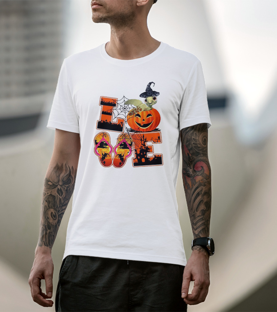 Halloween Love Turtle Pumpkin Spider Web Flip Flops T-Shirt