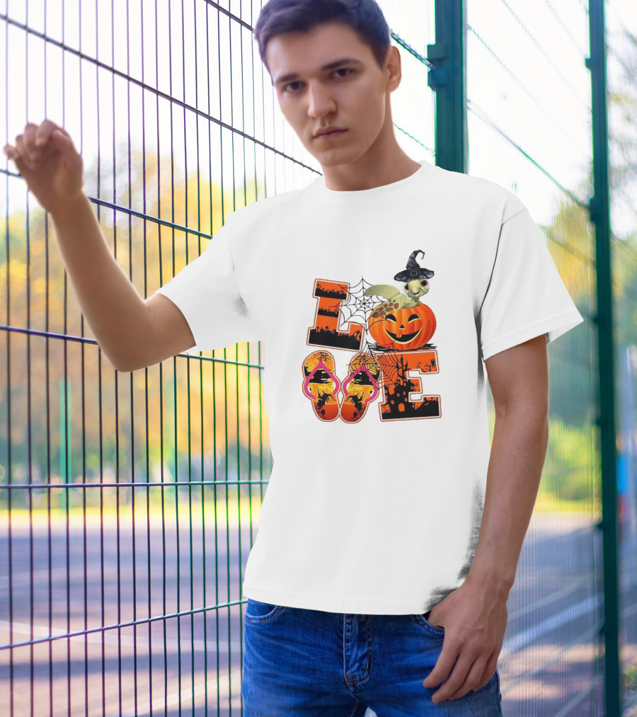 Halloween Love Turtle Pumpkin Spider Web Flip Flops T-Shirt