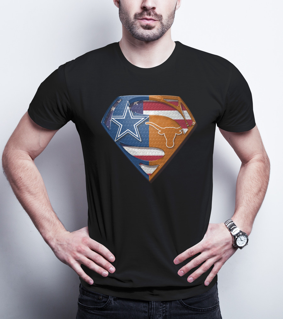 Dallas Cowboys Texas Longhorns Superman Shield American Flag Blend T-Shirt