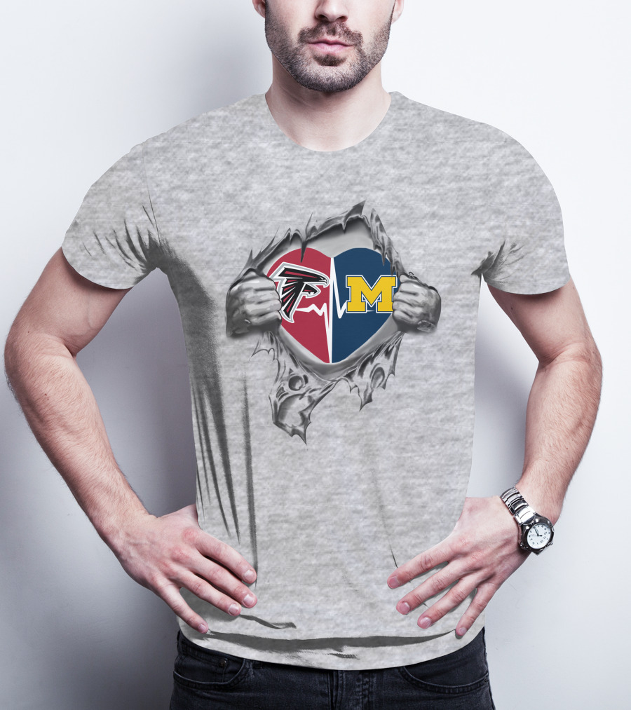 Heart Of Michigan Wolverines And Atlanta Falcons Logos On Torn Fabric T-Shirt