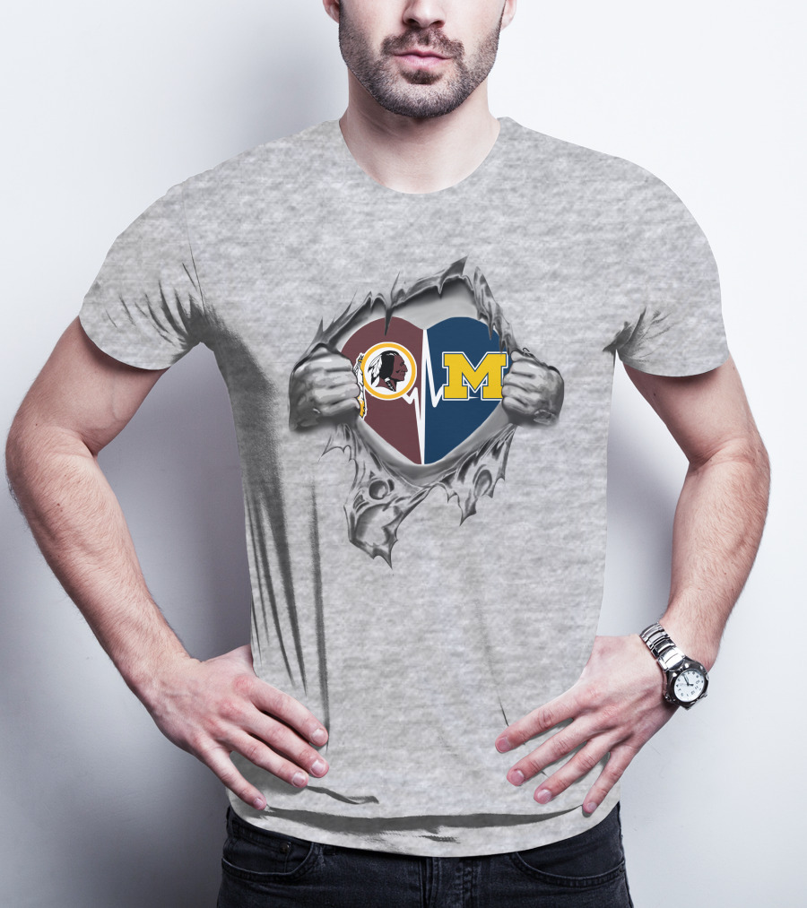 Michigan Wolverines Washington Commanders Heartbeat Logo Fusion T-Shirt