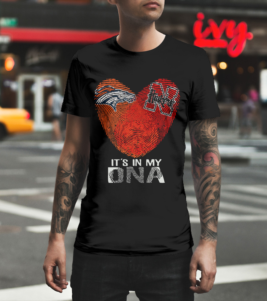 Denver Broncos Nebraska Cornhuskers Heart Thumbprint It's In My DNA T-Shirt