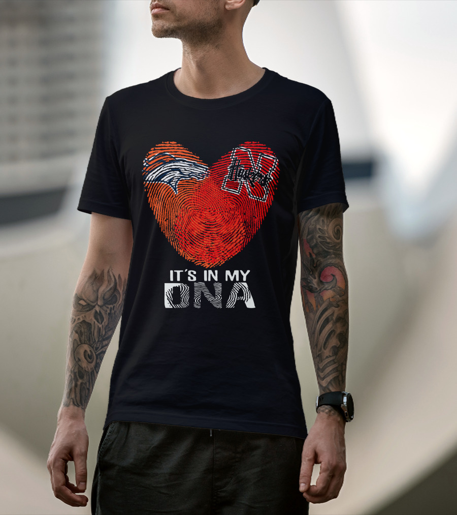 Denver Broncos Nebraska Cornhuskers Heart Thumbprint It's In My DNA T-Shirt