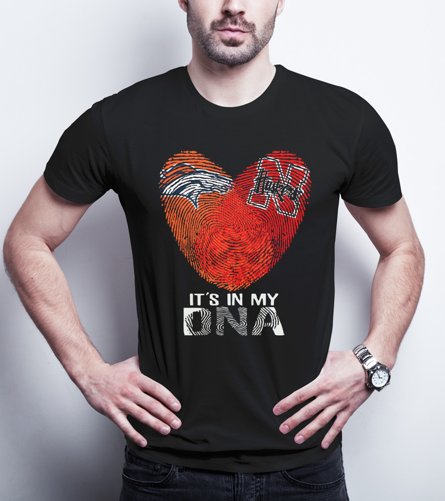 Denver Broncos Nebraska Cornhuskers Heart Thumbprint It's In My DNA T-Shirt