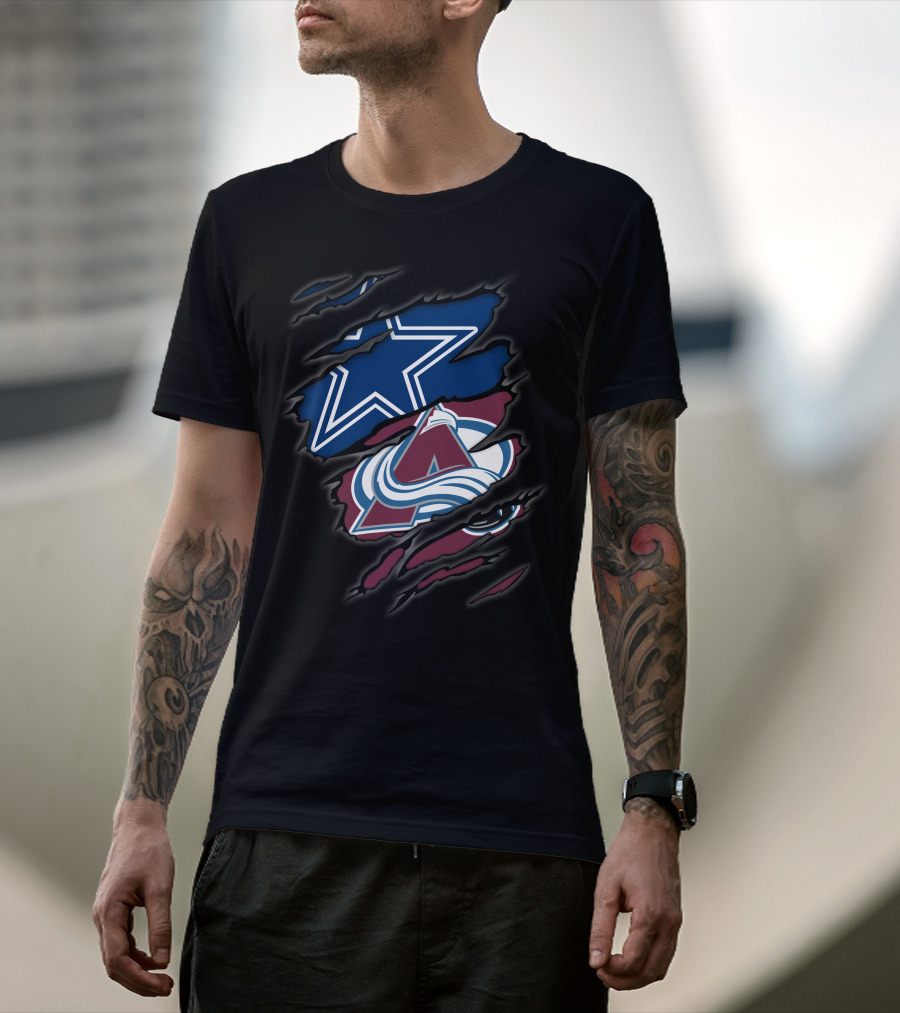 Dallas Cowboys Colorado Avalanche Logos Ripped Design Nfl Nhl Crossover T-Shirt
