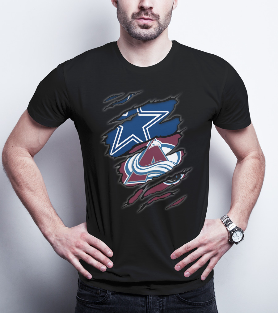 Dallas Cowboys Colorado Avalanche Logos Ripped Design Nfl Nhl Crossover T-Shirt