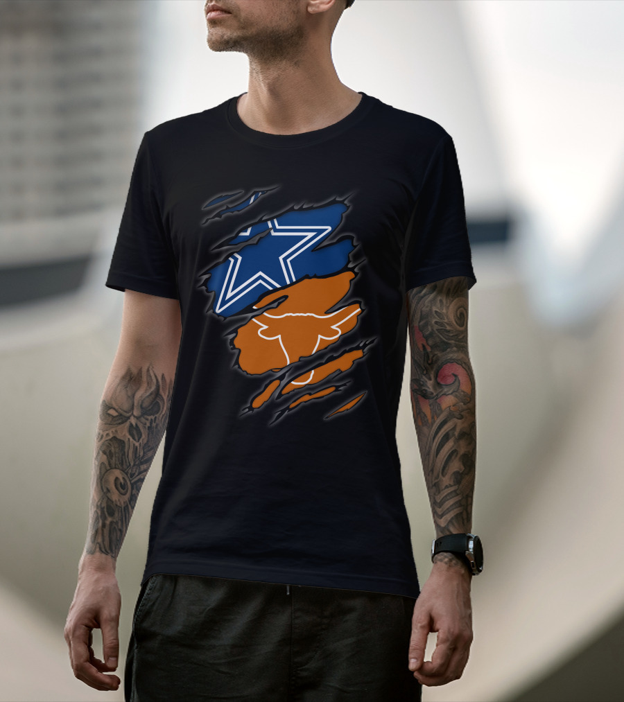 Cowboys Star And Texas Longhorns Logo Peeking Through Ripped T-Shirt