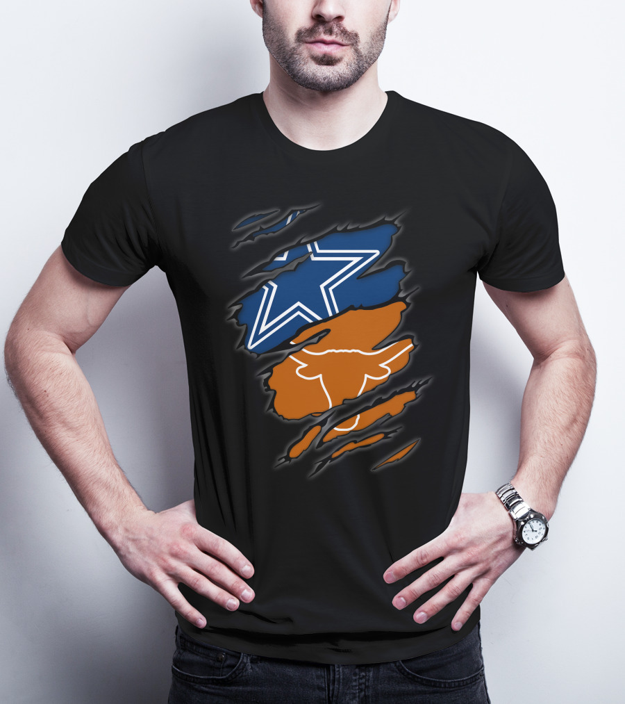 Cowboys Star And Texas Longhorns Logo Peeking Through Ripped T-Shirt