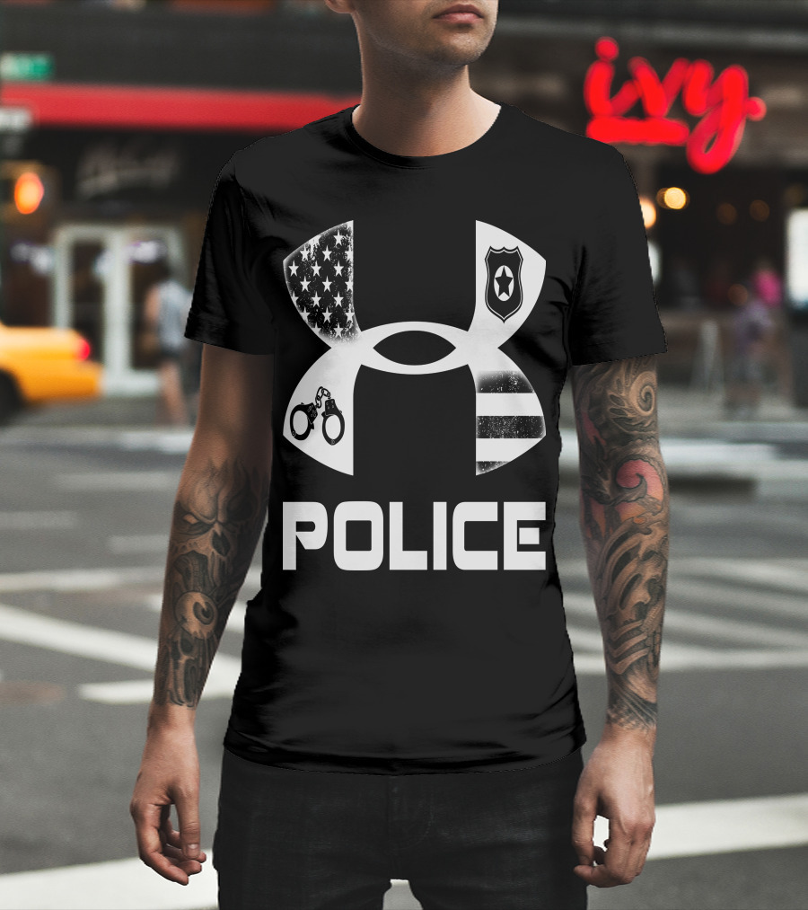 Police American Flag Badge Handcuffs T-Shirt
