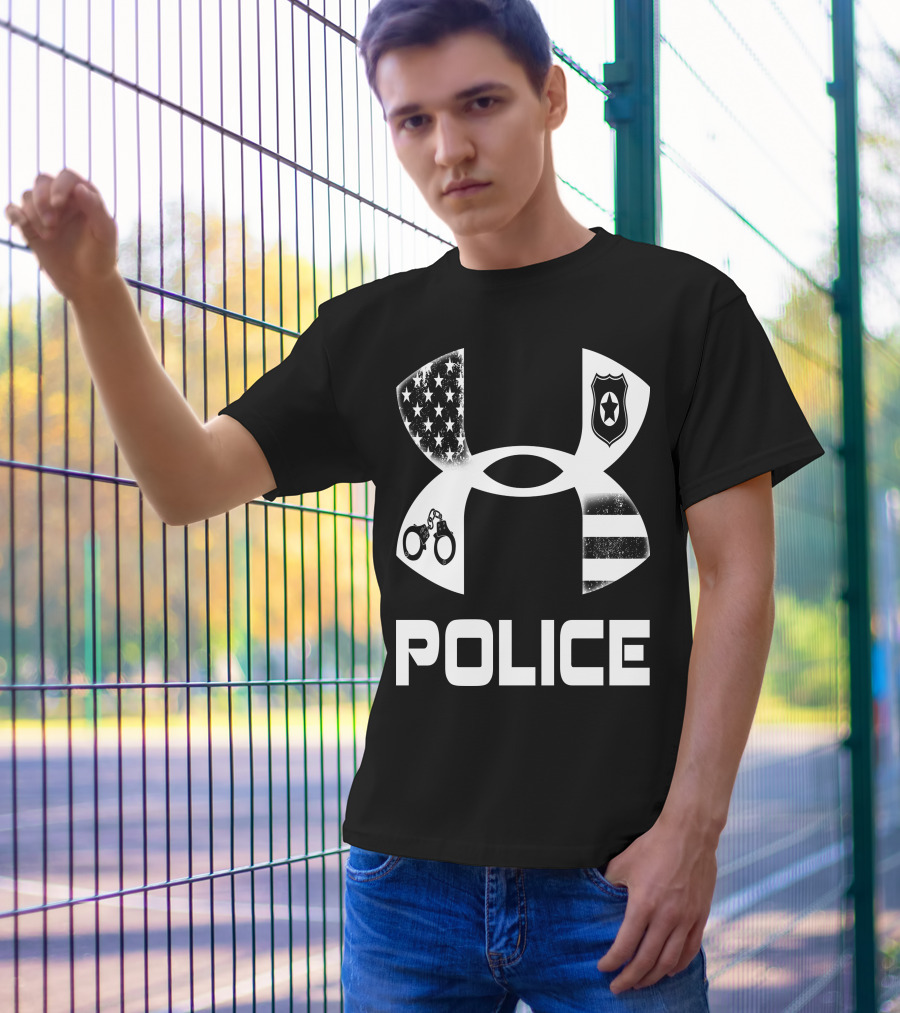 Police American Flag Badge Handcuffs T-Shirt