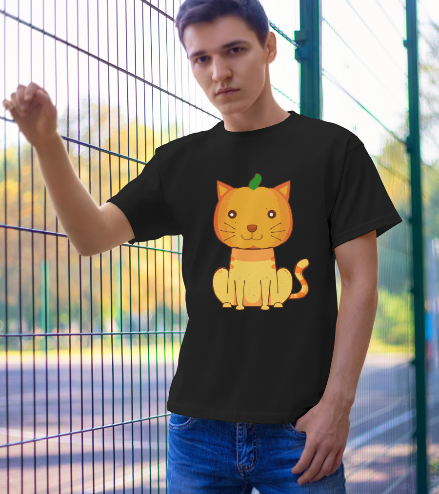 Halloween Pumpkin Cat Face And Striped Tail Whiskers T-Shirt