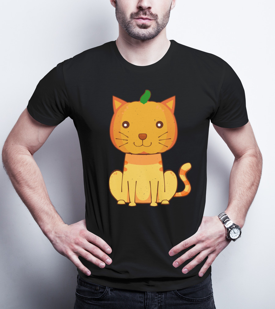 Halloween Pumpkin Cat Face And Striped Tail Whiskers T-Shirt