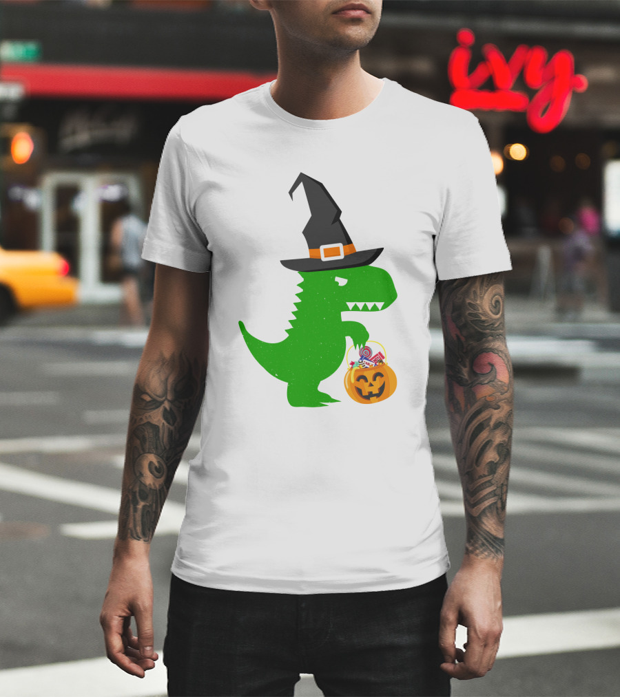 Witch Hat Dinosaur With Pumpkin Candy Bucket Halloween T-Shirt