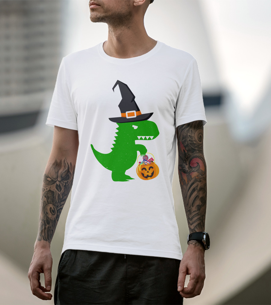 Witch Hat Dinosaur With Pumpkin Candy Bucket Halloween T-Shirt