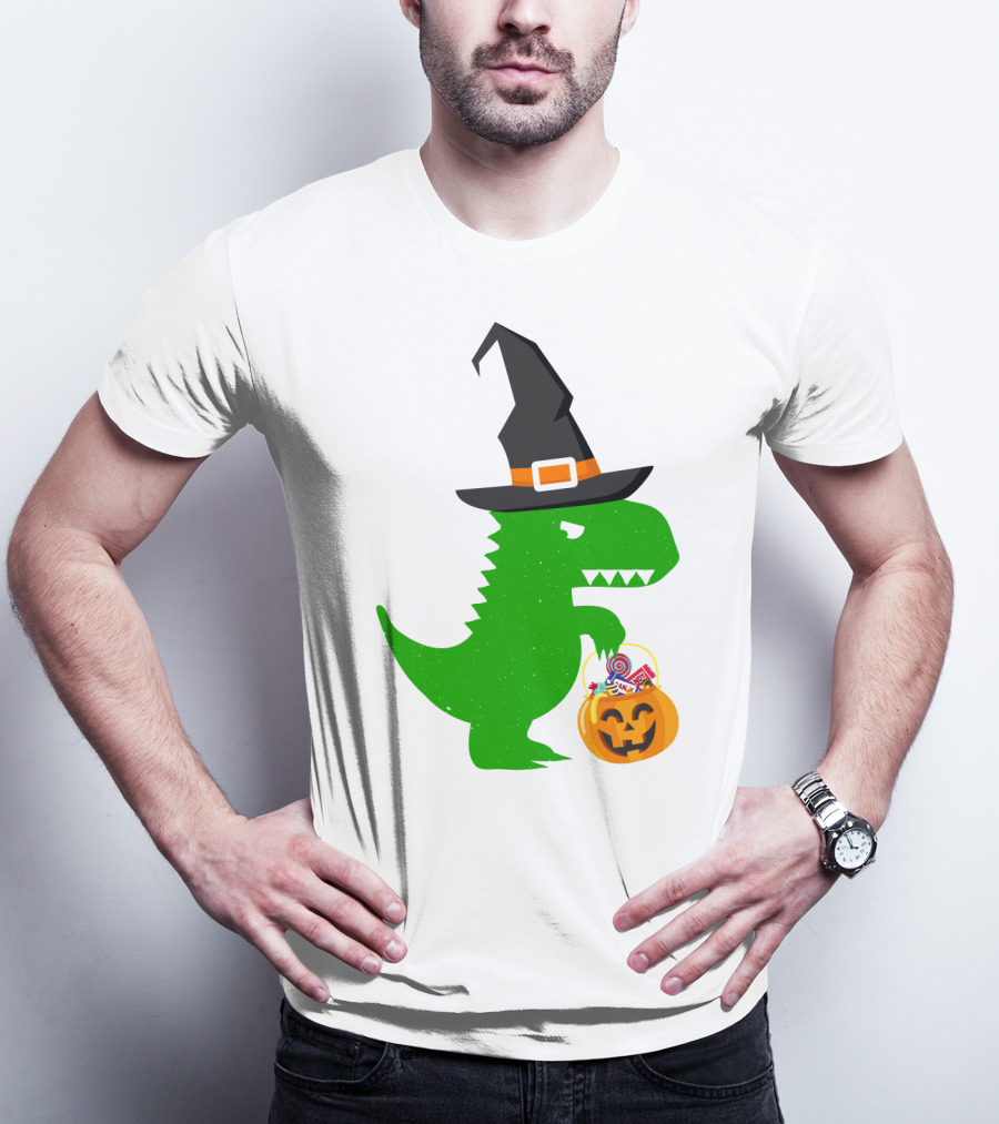 Witch Hat Dinosaur With Pumpkin Candy Bucket Halloween T-Shirt